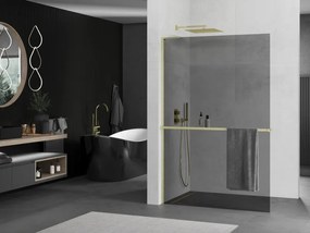 Mexen Kioto+ L, sprchová zástěna Walk-In s poličkou a věšákem 90 x 200 cm, 8mm šedé sklo, zlatý matný profil, 800-090-123-55-40