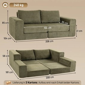 HOMCOM Pohovka 4-v-1 s funkcí spánku, rozkládací skládací pohovka, polštáře, 2místná, zelená