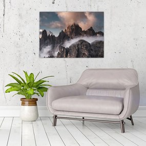 Skleněný obraz - Italské dolomity schované v mlze (70x50 cm)