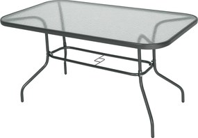 Outsunny Obdélníkový Zahradní Stůl s Zakřivenými Kovovými Okraji a Otvorem pro Slunečník, Temperované Sklo 70kg Kapacita 140x80x70 cm Tmavě Šedá