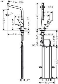 Hansgrohe M71, dřezová baterie M7117-H320 s výsuvnou sprškou, sBOX, vzhled nerezavějící oceli 73816800