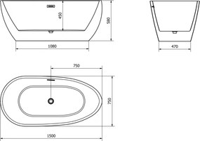 Mexen Eos, volně stojící vana 150 x 75 cm, bílá-černá, broušený grafit přepad, 52471507575-95