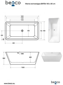 BESCO Volně stojící vana EVITA bílá Barva - Bílá, Barva sifonu - Bílá, Rozměr vany - 160 × 80 cm VANEVITA160W