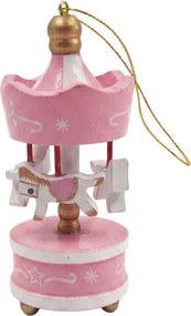 Set 6ks růžová vánoční dřevěná ozdoba kolotoč s koníky - 6*1*18 cm