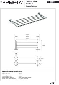 Bemeta Design NEO: Držák ručníků, 600 mm -