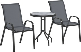 Outsunny 3dílný bistro set odolný vůči počasí s tvrzeným sklem a stohovatelnými židlemi — tmavě šedý | Aosom