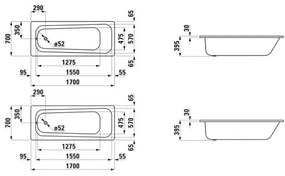 Laufen Moderna Plus Vana ocelová 170x70 cm, bez noh, bílá H2251200000401