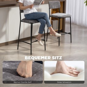 HOMCOM Sada 2 barových židlí, polstrované vysoké židle pro kuchyňský pult, domácí bar, opěradlo, opěrka nohou, látkový potah, ocel, šedá