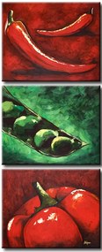 Obraz Malovaná zelenina (3 díly) - zelený hrášek a červená paprika