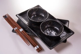 Made in Japan (MIJ) Sushi Set Matt Black s květinovým motívem 4 ks s hůlkami