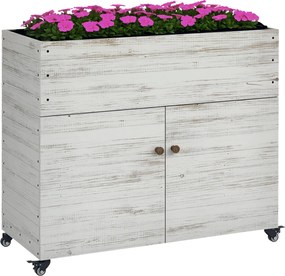 Dřevěný vyvýšený záhon Outsunny s ukládacím prostorem a kolečky, květinový box s fleecem pro zahradu a balkón, 110 x 50 x 95 cm, Bílý | Aosom