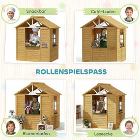 Dětský domek na hraní Dřevěný venkovní domek na hraní s dveřmi 3 okny 2 truhlíky na květiny pro děti od 3 do 8 let 134,5 x 97 x 150 cm Hnědá barva