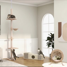 PawHut škrabadlo stropní, H230-260 cm, výškově nastavitelný strom pro kočky, stabilní, béžový| Aosom