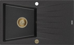 Mexen Cesar, granitový dřez 775x470x190 mm, 1-komorový, černá-stříbrná metalíza se zlatým sifonem, 6514771010-73-G