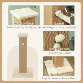 PawHut Kočičí Škrabadlo Výška 81 cm s Jutovým Sloupkem a Visícím Míčkem 41x41x81 cm Béžové
