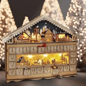 SOLIGHT LED adventní kalendář Horská chata, 10x LED, 50x40cm, 2x AA