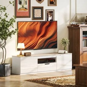 HOMCOM TV nízká komoda, vysoký lesk, pro televizi až 65'', 3 přihrádky, zásuvka, 160 x 38 x 43 cm, přírodní dřevo