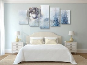 5-dílný obraz vlk v zasněžené krajině - 200x100 cm