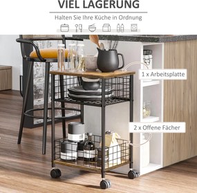 HOMCOM Kuchyňský vozík Servírovací vozík s pracovní deskou a 2 úložnými koši, otočná kolečka o 360°, rustikálně hnědý, 40x30x62 cm | Aosom.de