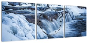 Obraz řeky v zimě (s hodinami) (90x30 cm)