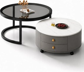 LuxuryForm DESIGN Konferenční stolek ORION 70 × 70 / 50 × 50 cm – šedý / bílý mramor + sklo (set 2 ks)