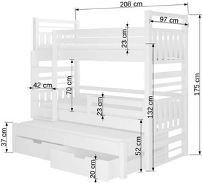 ADRK Furniture Třílůžková patrová postel s matracemi HIPPO 200x90