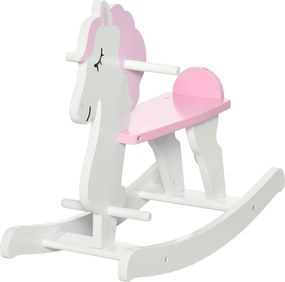 HOMCOM Houpací Kůň pro Děti 1-3 Roční Houpací Dřevěný Kůň s Řídítky a Pedály Nosnost 50 kg 68x27x46,5 cm Bílá a Růžová