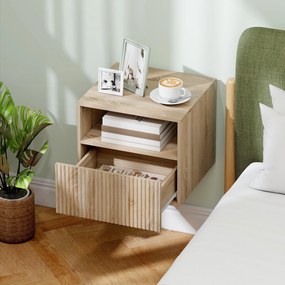 HOMCOM Noční stolek, design bez úchytek, otevřená přihrádka, zásuvka, montáž na zeď, světle hnědá