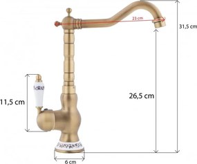Erga Batug, retro dřezová baterie h-315, mosazná-bílá, ERG-YKA-BZ.BATUG-GLD