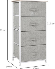 HOMCOM Komoda se 4 látkovými zásuvkami, úložný kabinet multifunkční pro ložnici, obývací pokoj a chodbu 45x30x92 cm šedá