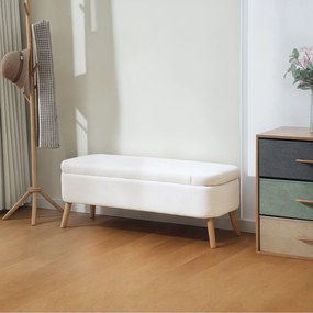 HOMCOM Úložná lavice, sedací lavice s úložným prostorem 65 l, materiál teddy-fleece, kaučukové dřevo, 120 x 42 x 45 cm, krémově bílá
