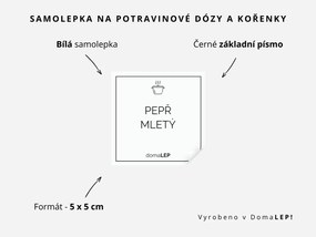 PEPŘ MLETÝ - omyvatelná samolepka na kořenky, výběr rozměrů Ø 5 cm / 5 x 5 cm / 6 x 8 cm | DomaLEP tvar: ČTVEREC, barva: BÍLÁ - ČERNÉ písmo, velikost: š. 5 cm x v. 5 cm - základní písmo