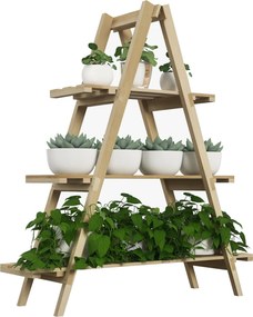 Outsunny Pyramidový skládací dřevěný květinový stojan - Dřevěný stojan na rostliny se 3 policemi - Rozměry 100D x 36Š x 112V cm - Světlé masivní smrk