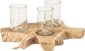 Dřevěný teakový držák na 3 skleněné vázy – 31*27*5,5 cm