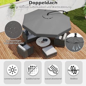 Costway Slunečník 300 cm včetně ochranného krytu s klikou a volánem, šedá