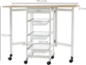 HOMCOM Skládací kuchyňský vozík s 6 koly, 1 zásuvkou a 3 kovovými koši - Multifunkční servisní vozík pro úložný prostor s nosností 50 kg, 97,2x37x77,…