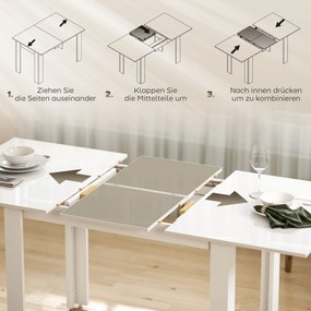 HOMCOM Rozkládací jídelní stůl, 120-160 x 70 cm, nastavitelný kuchyňský stůl pro 4-6 osob, MDF, vysoký lesk bílá