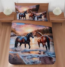 Jahu povlečení mikrosatén 3D Koně při soumraku 140x200+70x90 cm