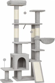 PawHut Škrabadlo velké, 152 cm vysoký kočičí strom se škrabacími sloupky, jeskyně 2 vstupy, 3 míčky, houpačka, 6 kg, světle šedá