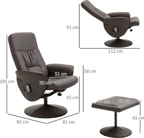 HOMCOM 2-St TV křeslo s funkcí polohování 360° otočné polohovací křeslo s 10 masážními body v imitaci kůže v hnědé barvě Š76 x D81 x V105 cm | Aosom.…