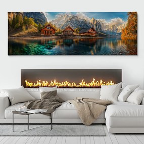 Obraz na plátně - Tři chatky u čistého jezera FeelHappy.cz Velikost obrazu: 240 x 80 cm