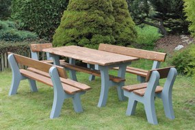 Výhodný set s přirozenou krásou dřeva obsahující betonový stůl, 2x lavičku, 2x židli. Výrobce Pekárek Barva prken: Světlý ořech, Ošetření betonových …