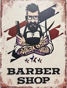Béžová antik nástěnná kovová cedule Barber Shop - 25*33 cm