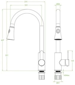 Laveo Bona, kuchyňská baterie stojící h-437, ušlechtilá ocel, LAV-BAB_269U