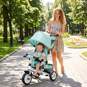 Dětská tříkolka, dětské kolo, zadní košík, držák na nápoje, sluneční stříška, kov, zelená barva