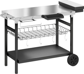 Outsunny zahradní servírovací vozík se 3 úrovněmi, pracovní plocha z nerezové oceli, kolečka, háky, odnímatelný koš, boční rukojeť, 114x61x81 cm, čer…