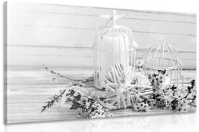 Obraz třešňová větvička a lucerničky v černobílém provedení - 120x80