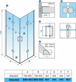 BPS-koupelny Čtvercový sprchový kout HYD-SK08C 90x90 zlatá kartáčovaná/transparent - bez vaničky