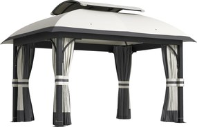 Gartenpavillon, 3,3 x 4 m Gartenzelt mit Netz-Vorhängen, zweistufiges Dach, Kunstleder-Bezug, Metallrahmen, Hellgrau