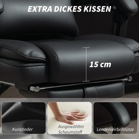 HOMCOM Kancelářská židle ergonomická, výškově nastavitelná, otočná s opěrkou bederní páteře, opěrkami rukou, opěrkou nohou, PU kůže, černá